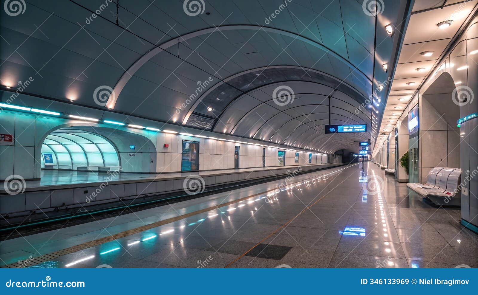 Modern Underground Platform with Arched Ceiling and Reflections in ...