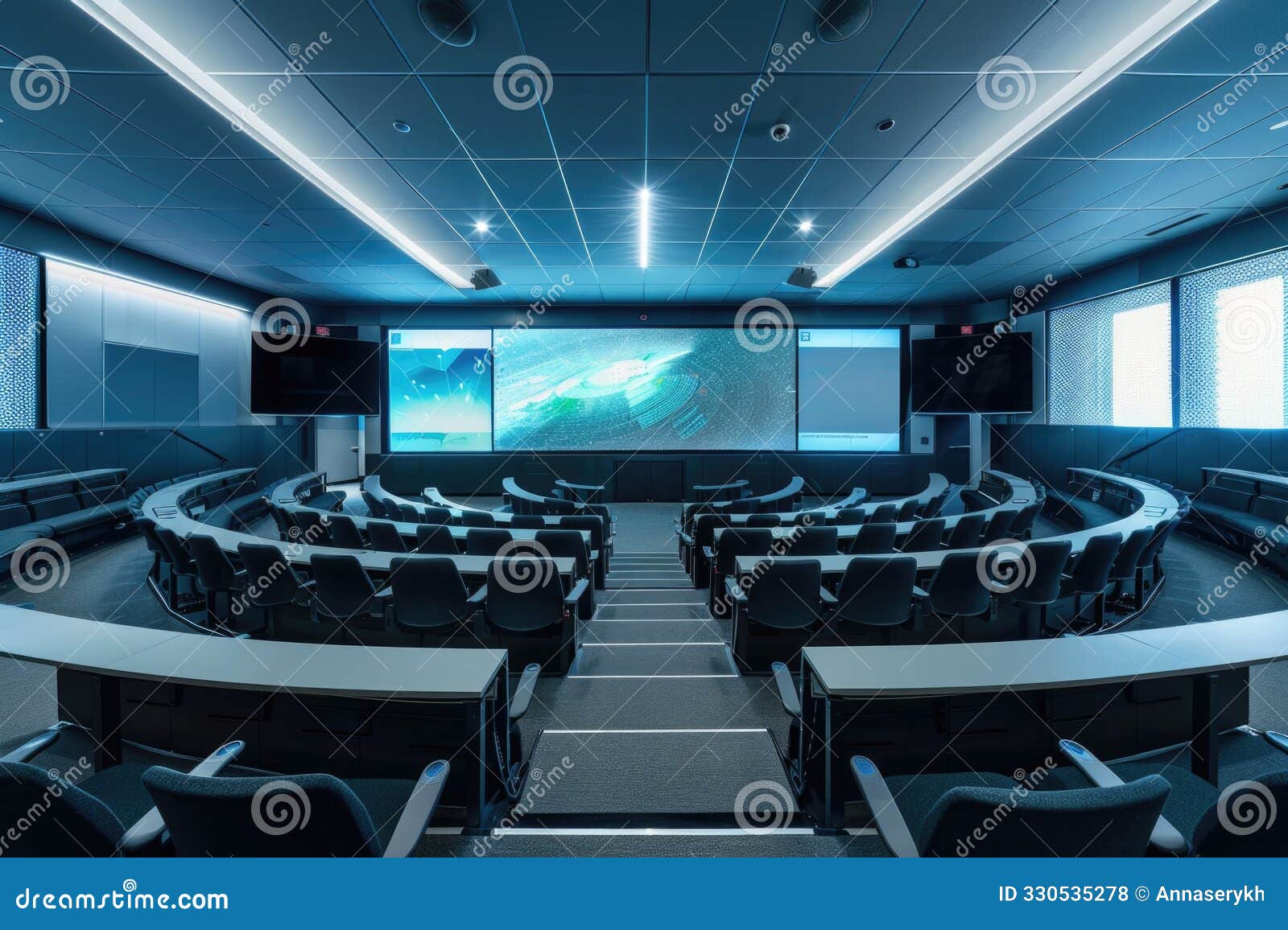 Futuristic University Lecture Hall with Advanced Technology Screens and ...