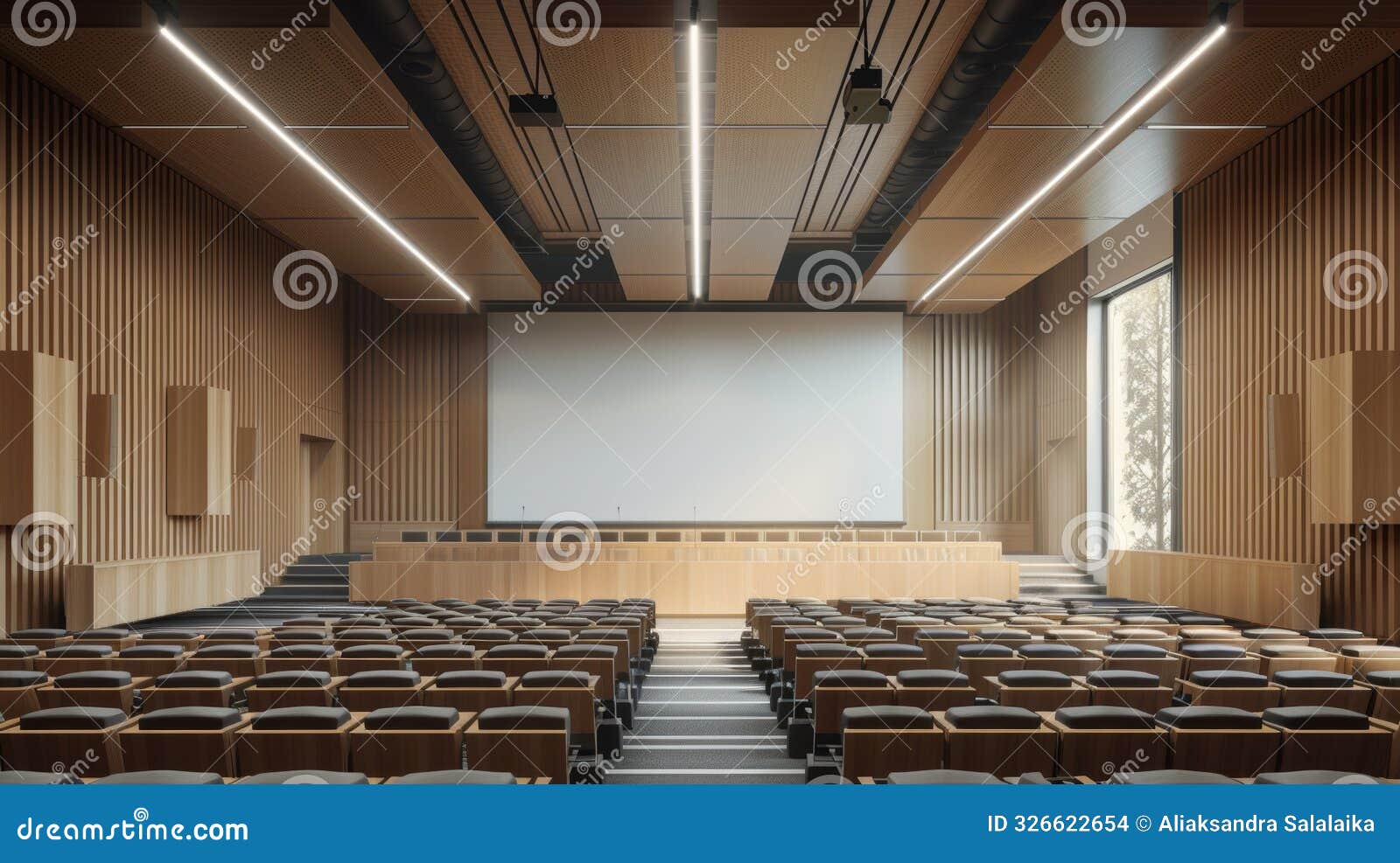 Modern University Lecture Hall with Rows of Seats and a Projector ...