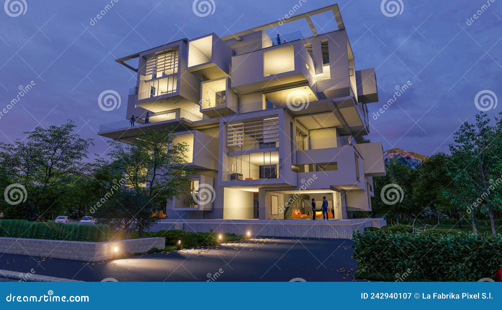 Modern Upscale Residential Building at Dusk Stock Illustration ...