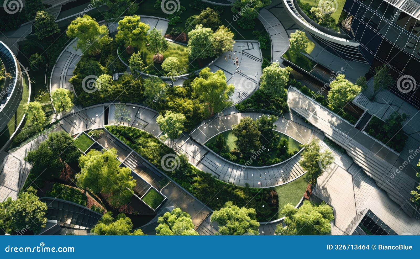 A Modern Urban Courtyard with Greenery and Architectural Design, Seen ...