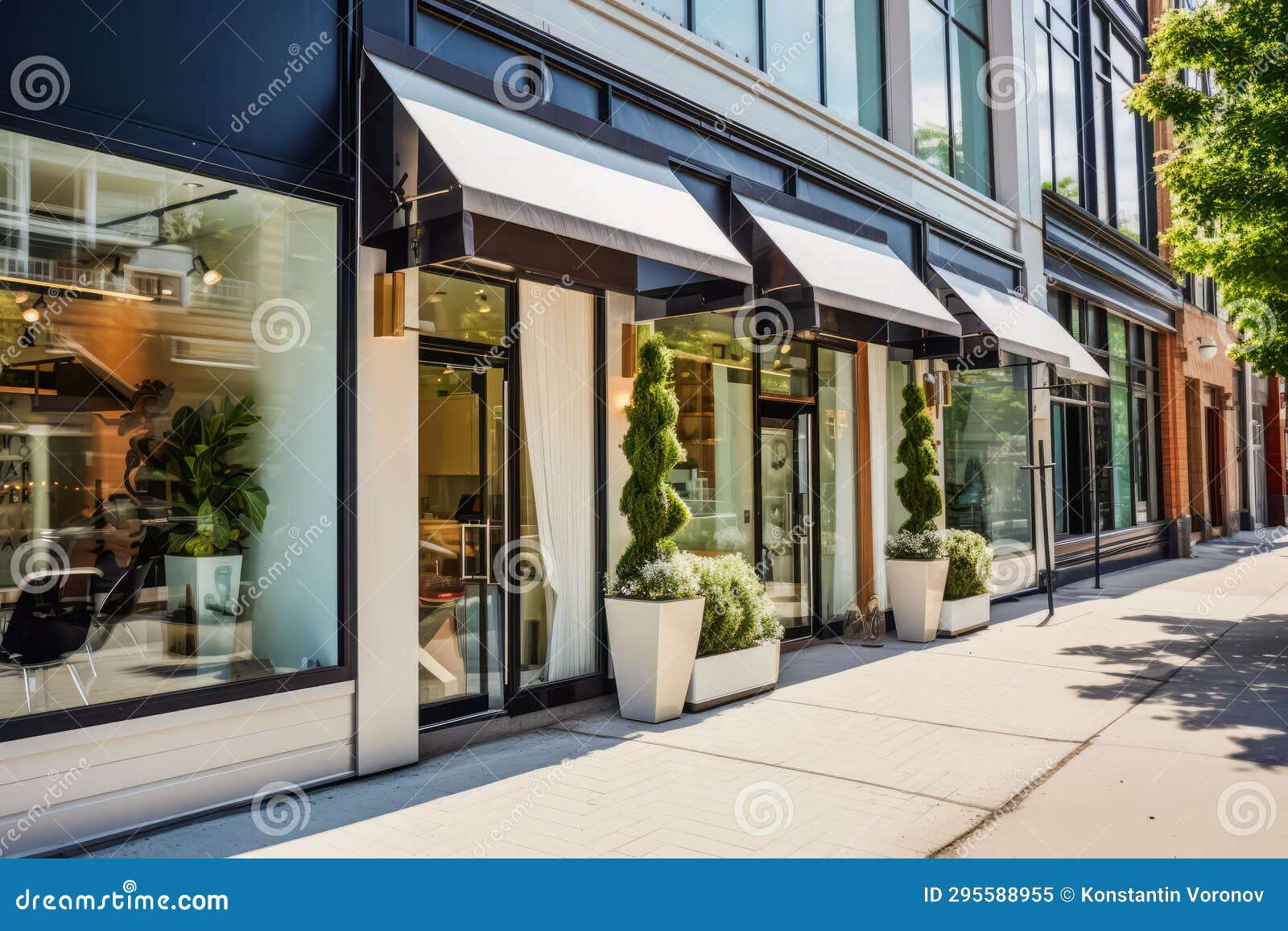 Modern Urban Storefront with Glass Doors, Green Plants, and Sidewalk ...