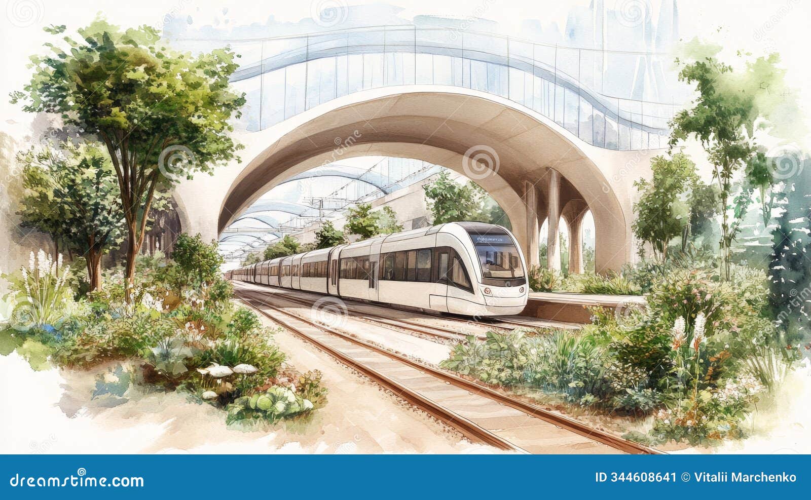 Modern Urban Train Passing through Greenery and Architectural Bridges ...