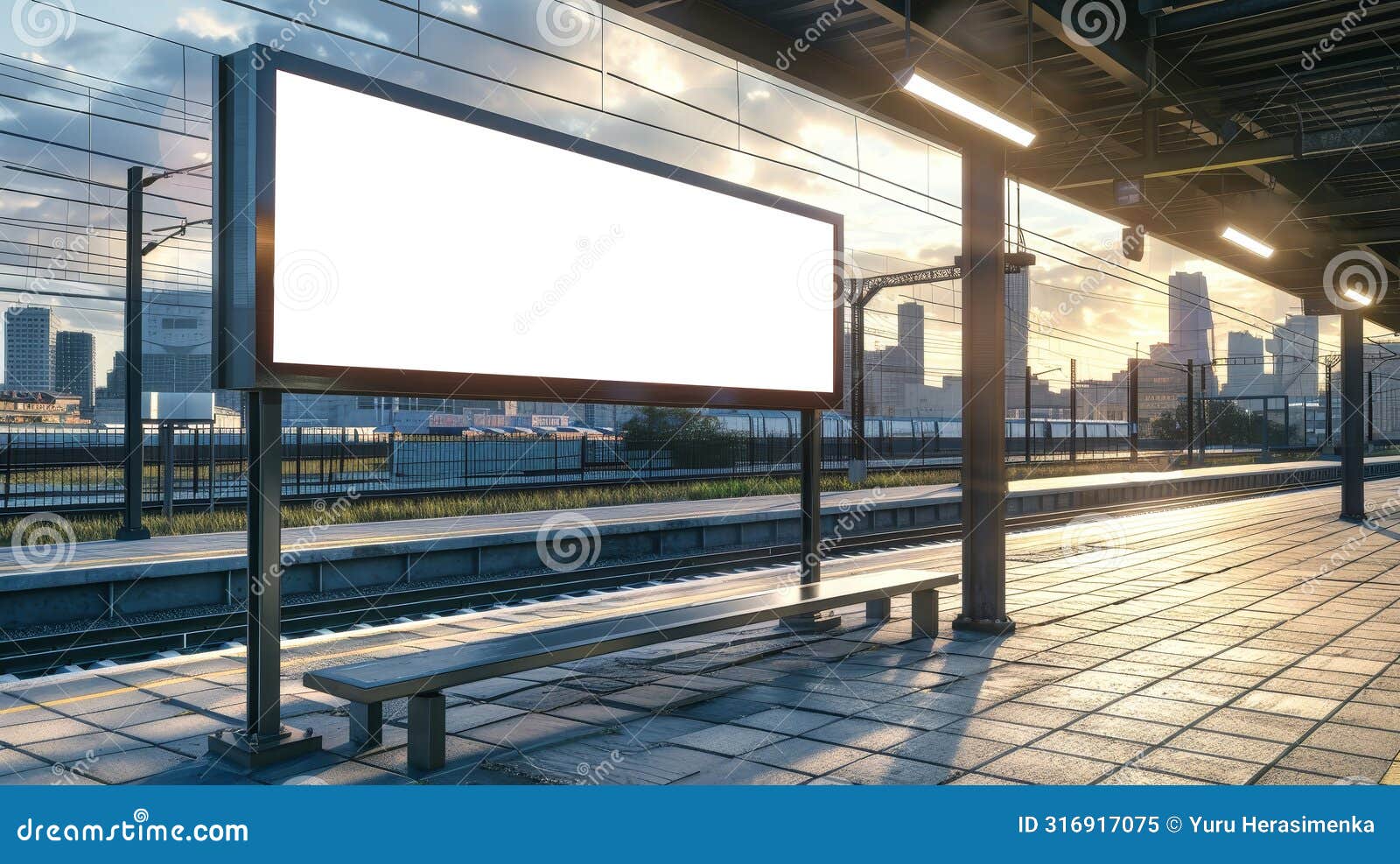 A Modern Urban Train Station with a Bench and a Billboard Showcasing a ...