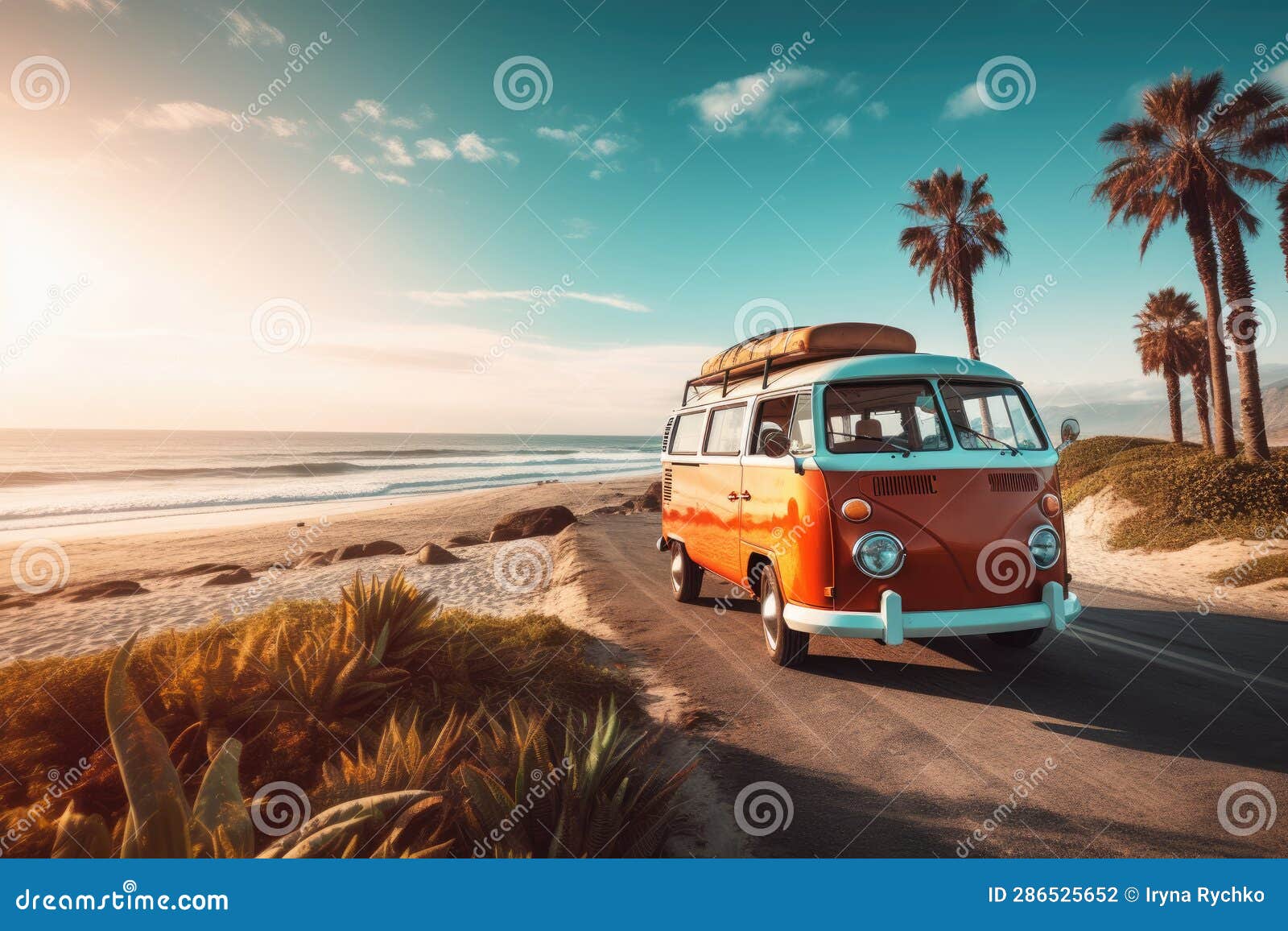 Modern Van Driving by the Beach at Sunset Stock Illustration ...
