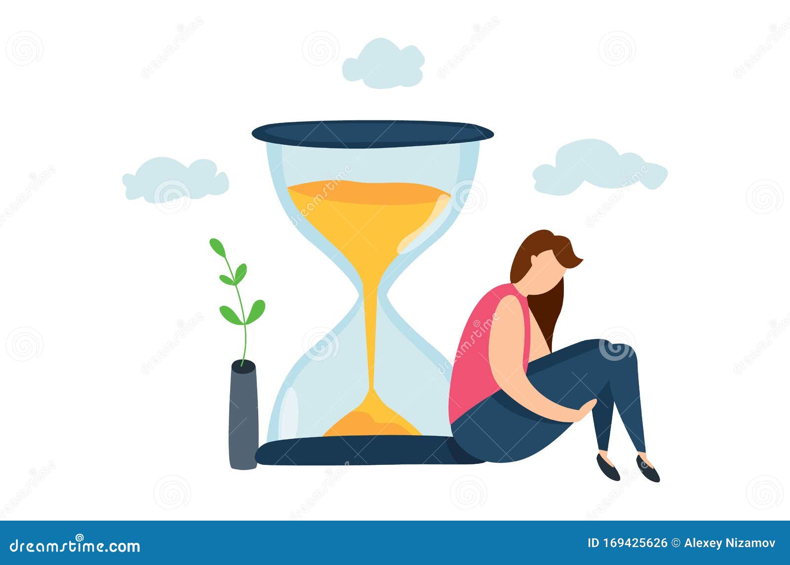 Modern Vector Illustration of Sadness Woman Sitting Near Hourglass ... Modern Vector Illustration of Sadness Woman Sitting Near Hourglass ...