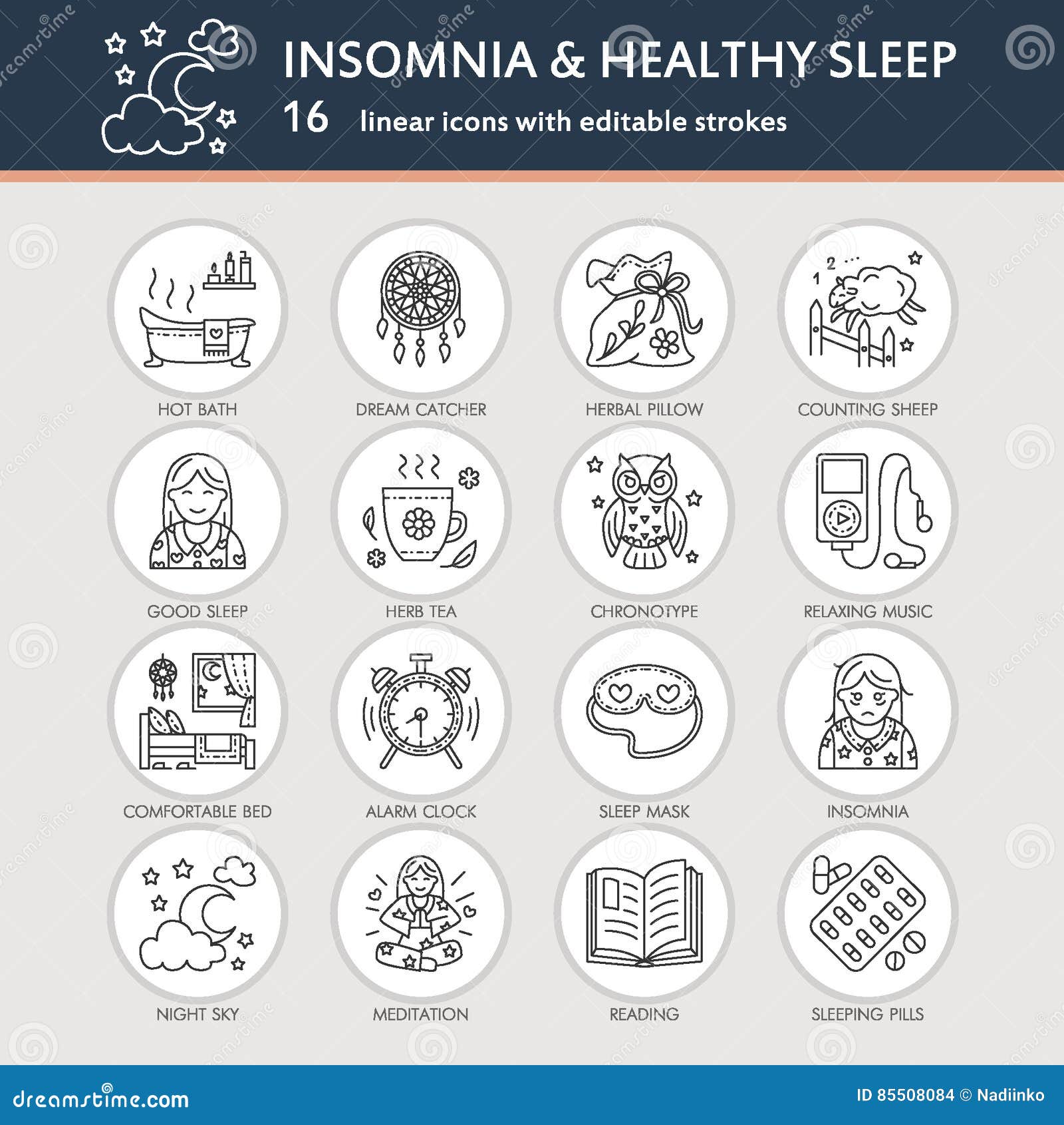 Modern Vector Line Icon of Insomnia Problem and Healthy Sleep. Elements ...