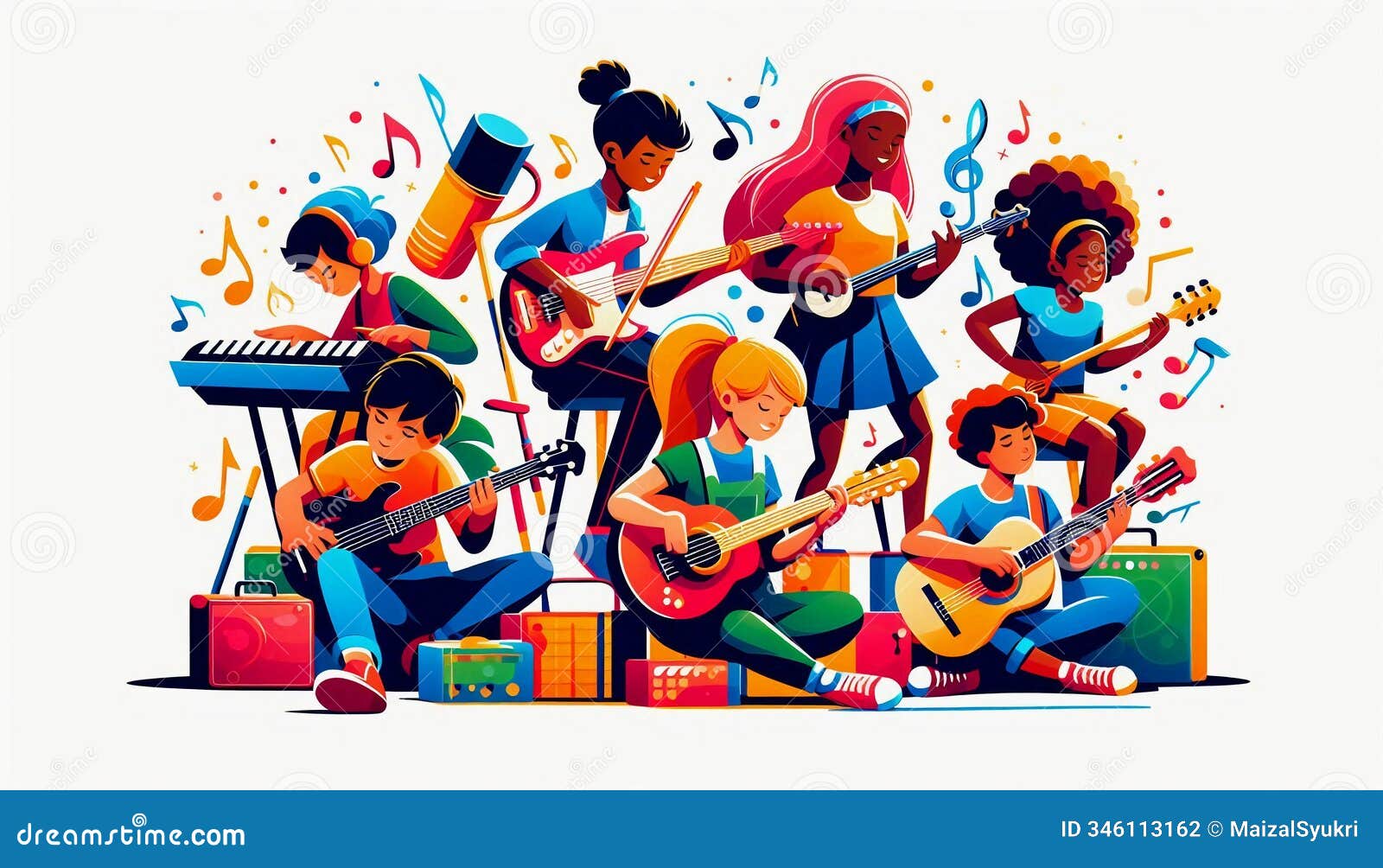 Kids from Different Cultures Playing Instruments Together, Teamwork ...