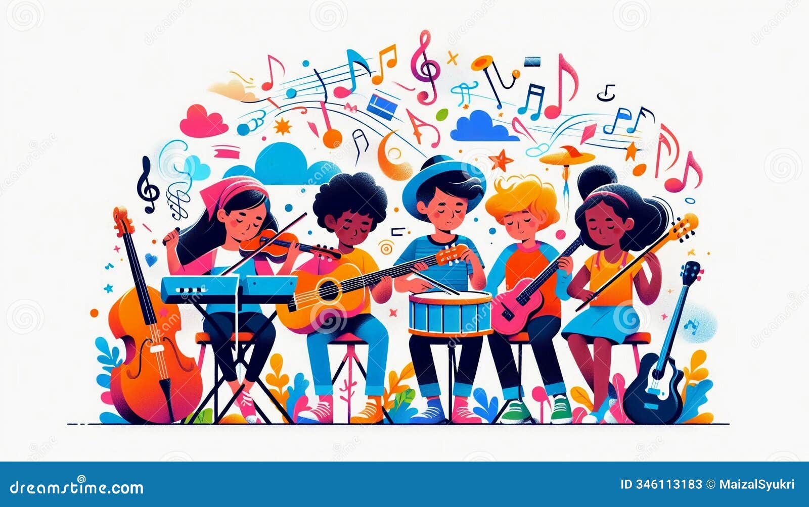 Kids from Different Cultures Playing Instruments Together, Teamwork ...