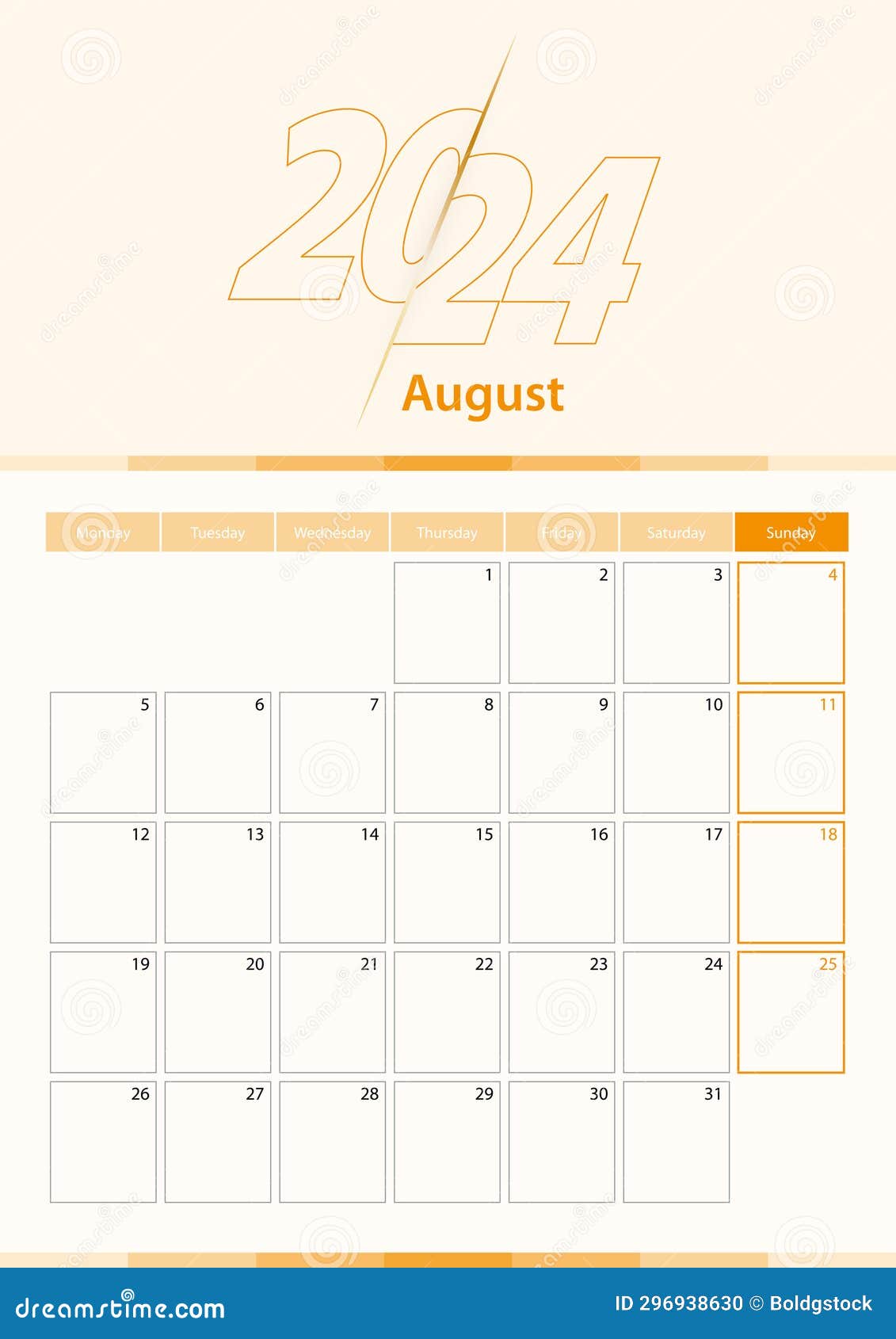 Modern Vector Vertical Calendar Sheet for August 2024, Planner in ...