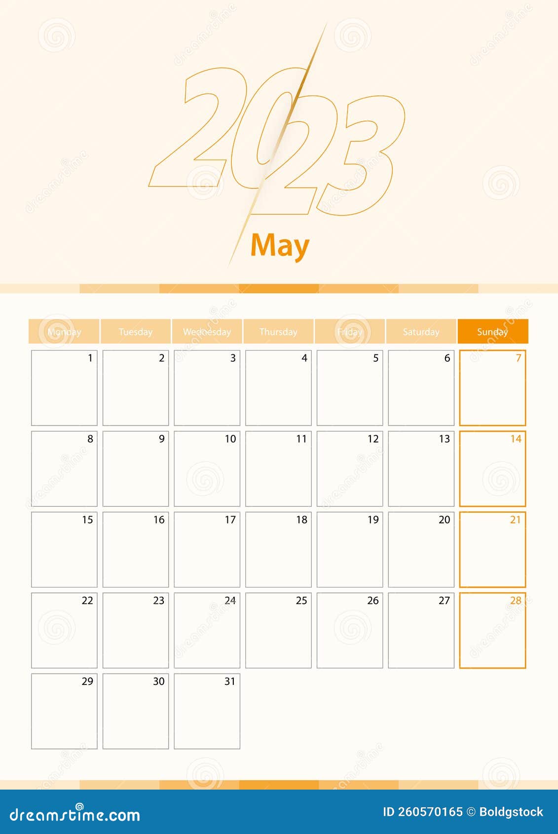 Modern Vector Vertical Calendar Sheet for May 2023, Planner in English ...