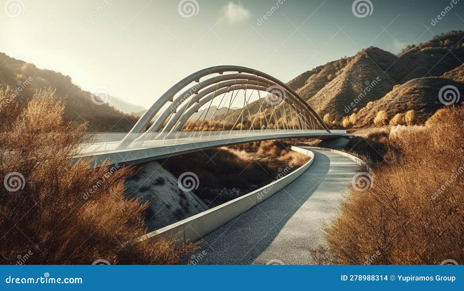 A Modern Viaduct Curves Over a Mountain Range at Dusk Generated by AI ...