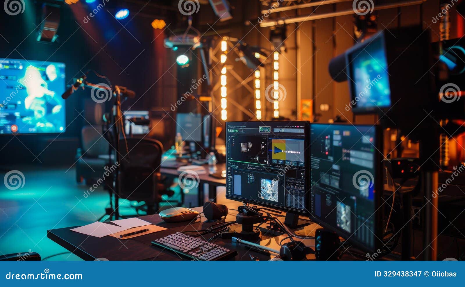 Modern Video Editing Station with Multiple Monitors and Equipment Stock ...