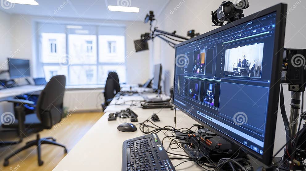 Modern Video Editing Studio Workspace with Computer Monitors Keyboard ...