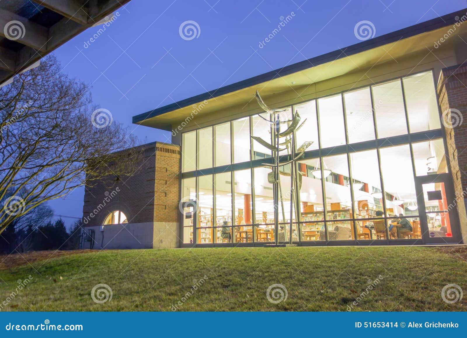 Modern View Public Library at Night Stock Photo - Image of books, night ...
