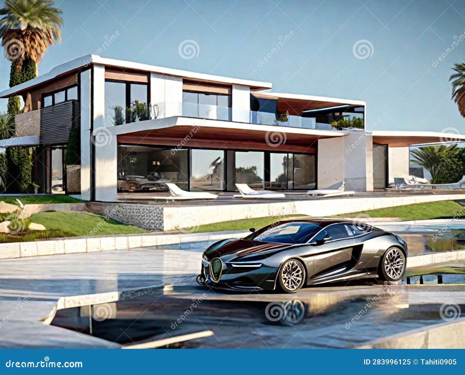 Modern villa with a car stock illustration. Illustration of ...