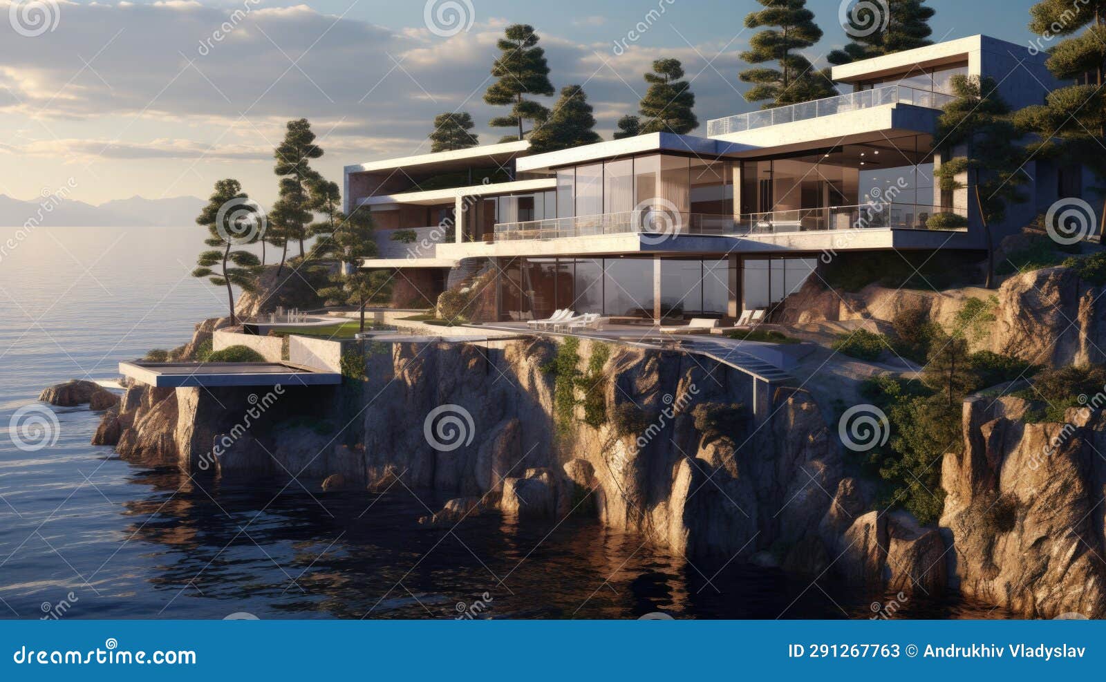 Modern Villa on a Cliff. Mansion with Terrace and Balcony Stock ...
