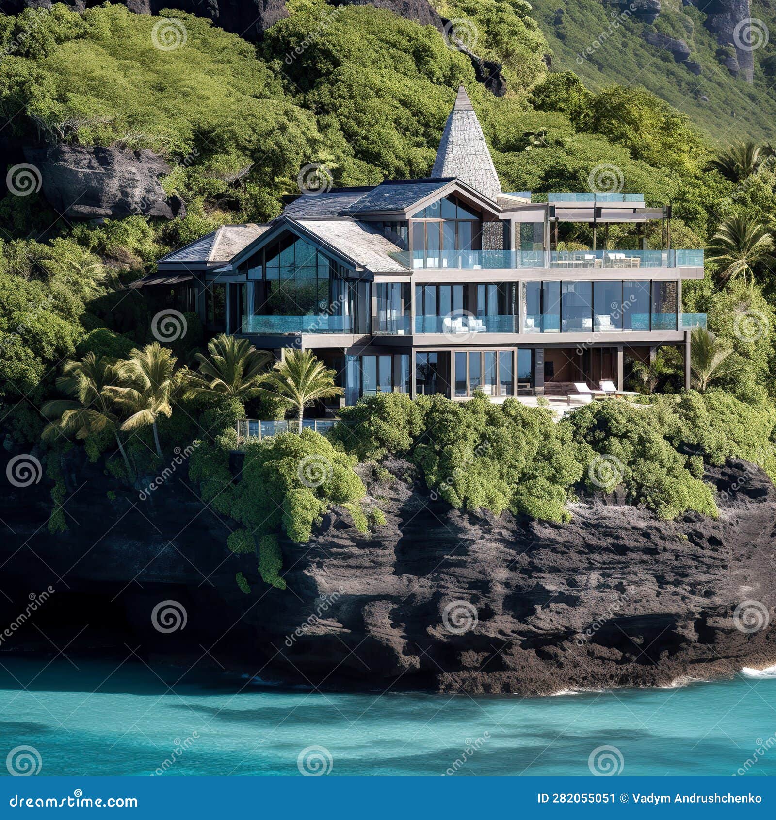 Modern Villa on a Cliff. Mansion with Terrace and Balcony Stock ...