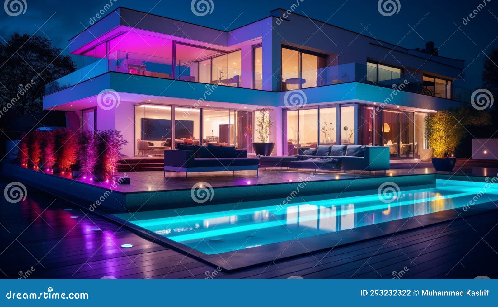 Modern Villa with Colored Led Lights at Night. Stock Photo - Image of ...