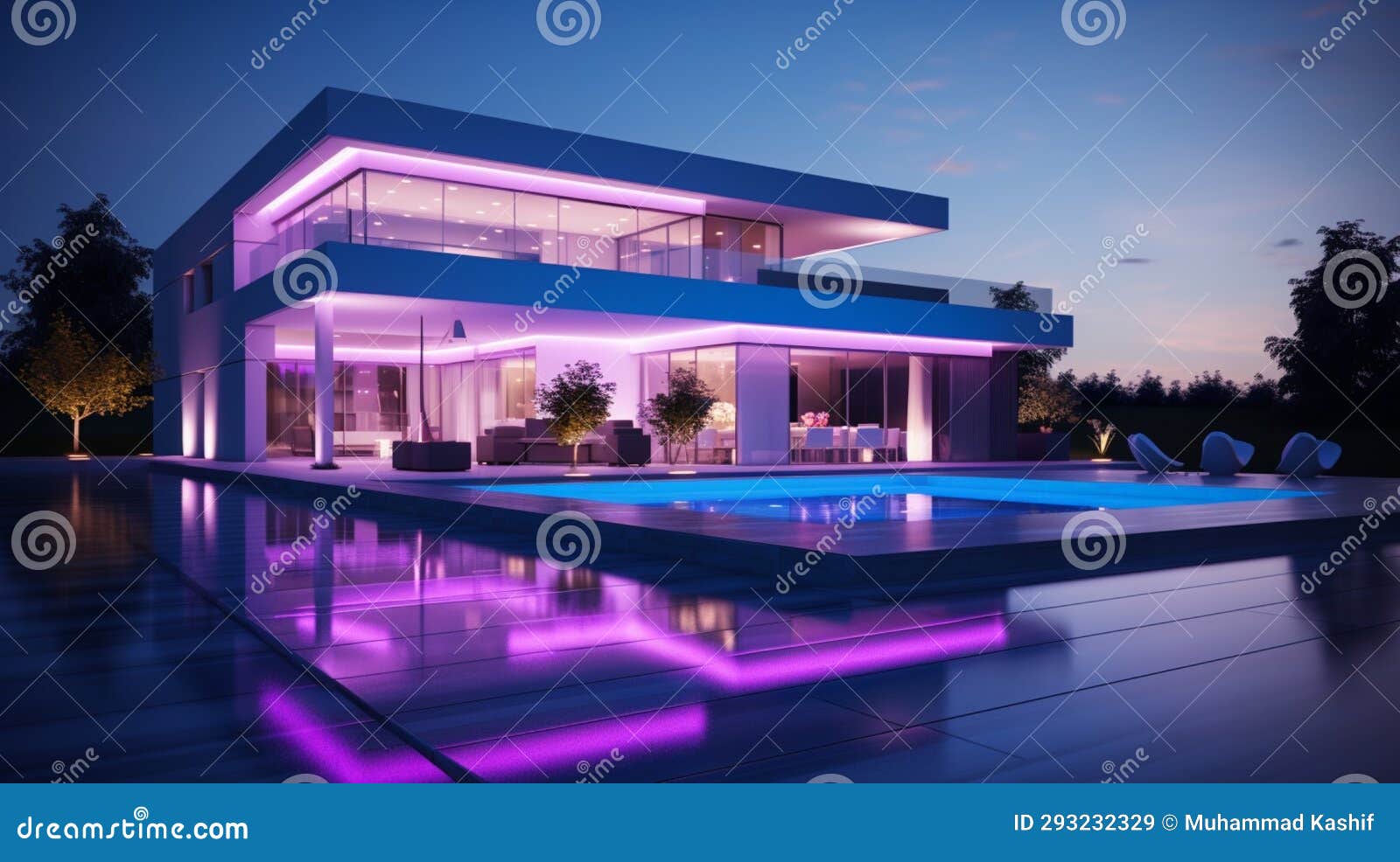 Modern Villa with Colored Led Lights at Night. Stock Image - Image of ...