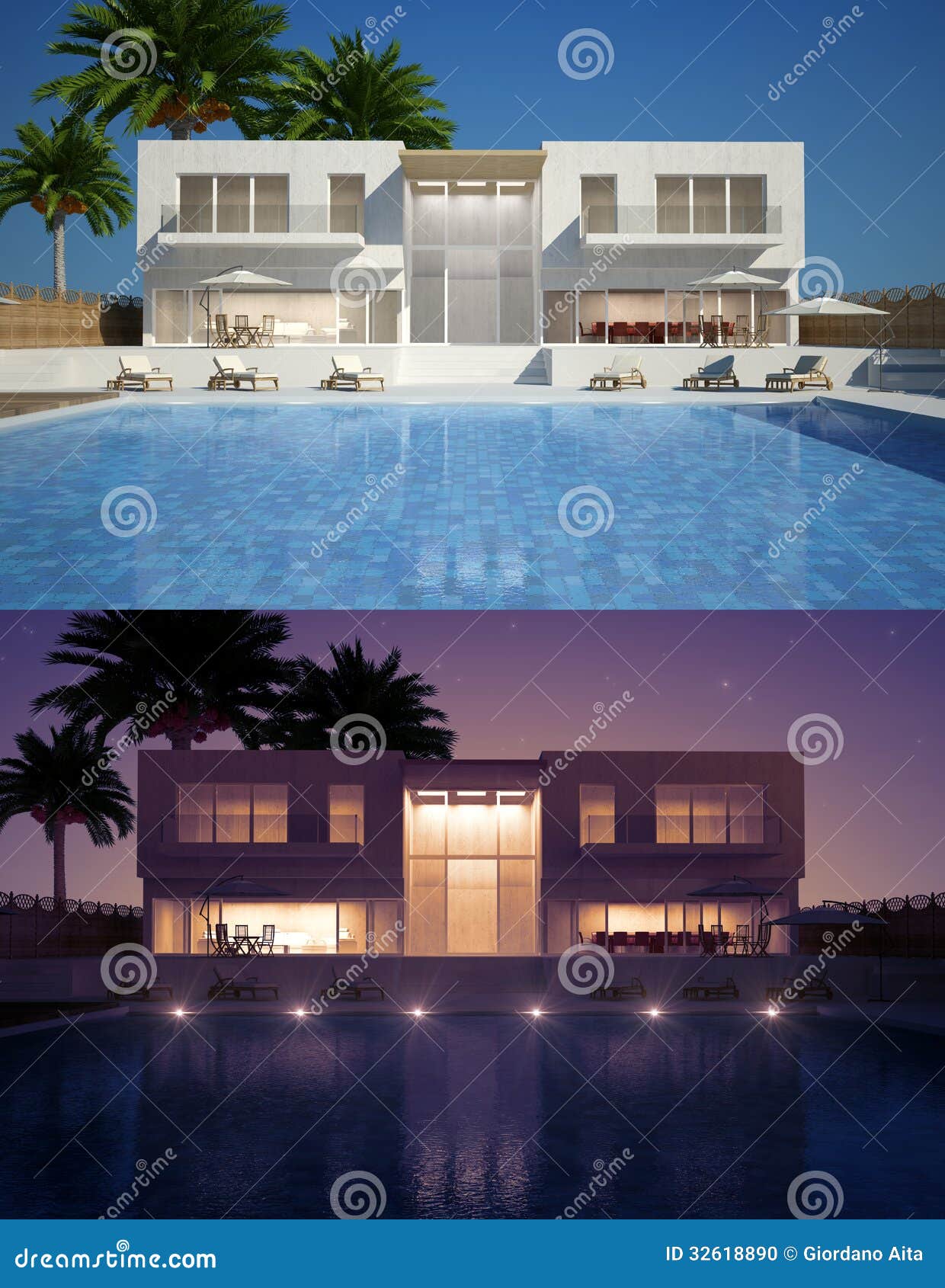 Modern Villa Day and Night View Stock Illustration - Illustration of ...