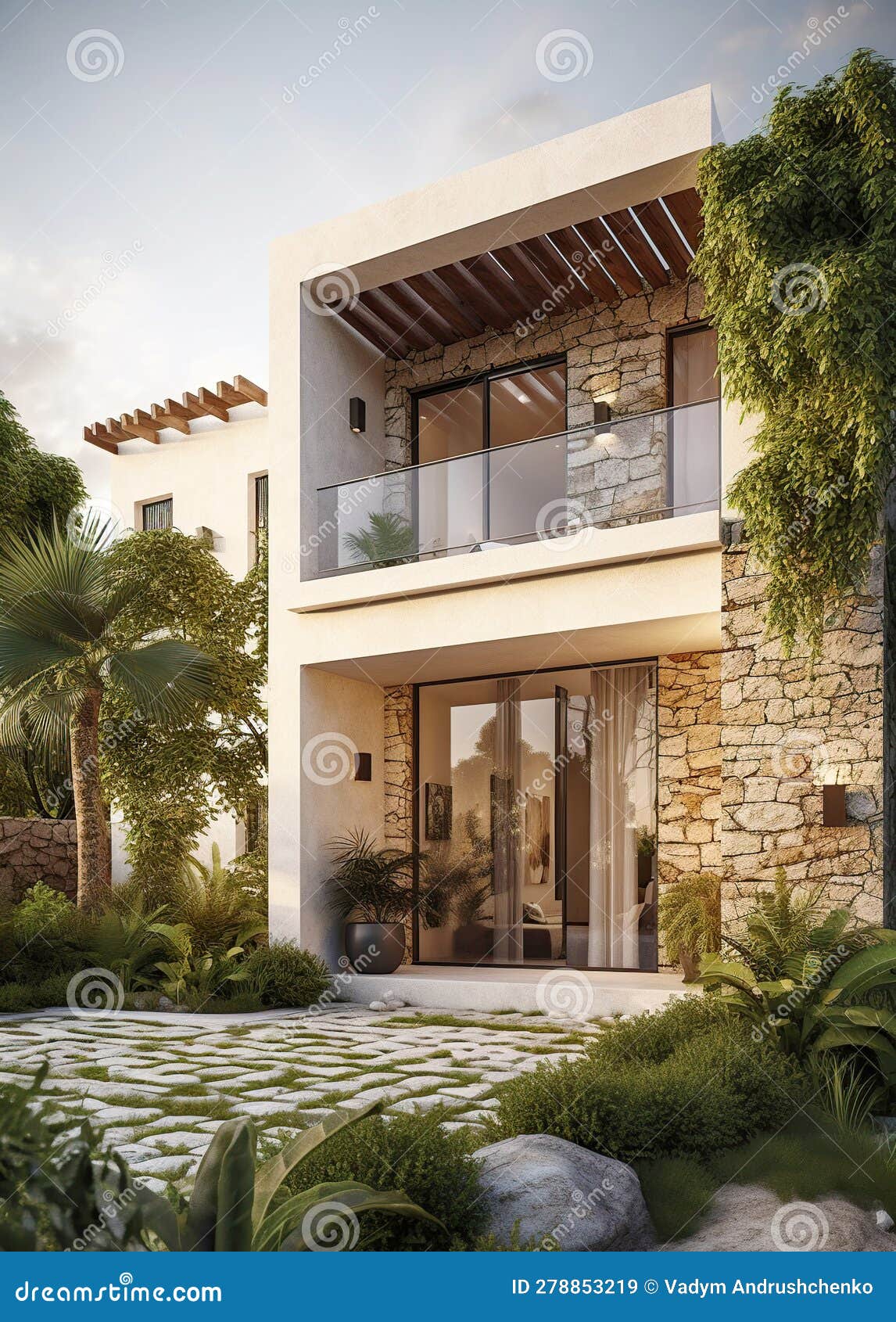 Modern Villa Decorated with Stone Cladding and Cozy Patio. Created with ...