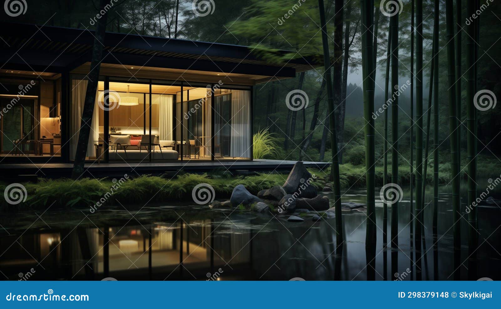 Modern Villa in Deep Bamboo Forest at Night. the Villa Features Sleek ...