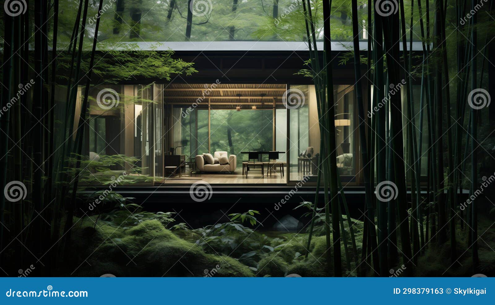 Modern Villa in Deep Bamboo Forest at Night. the Villa Features Sleek ...