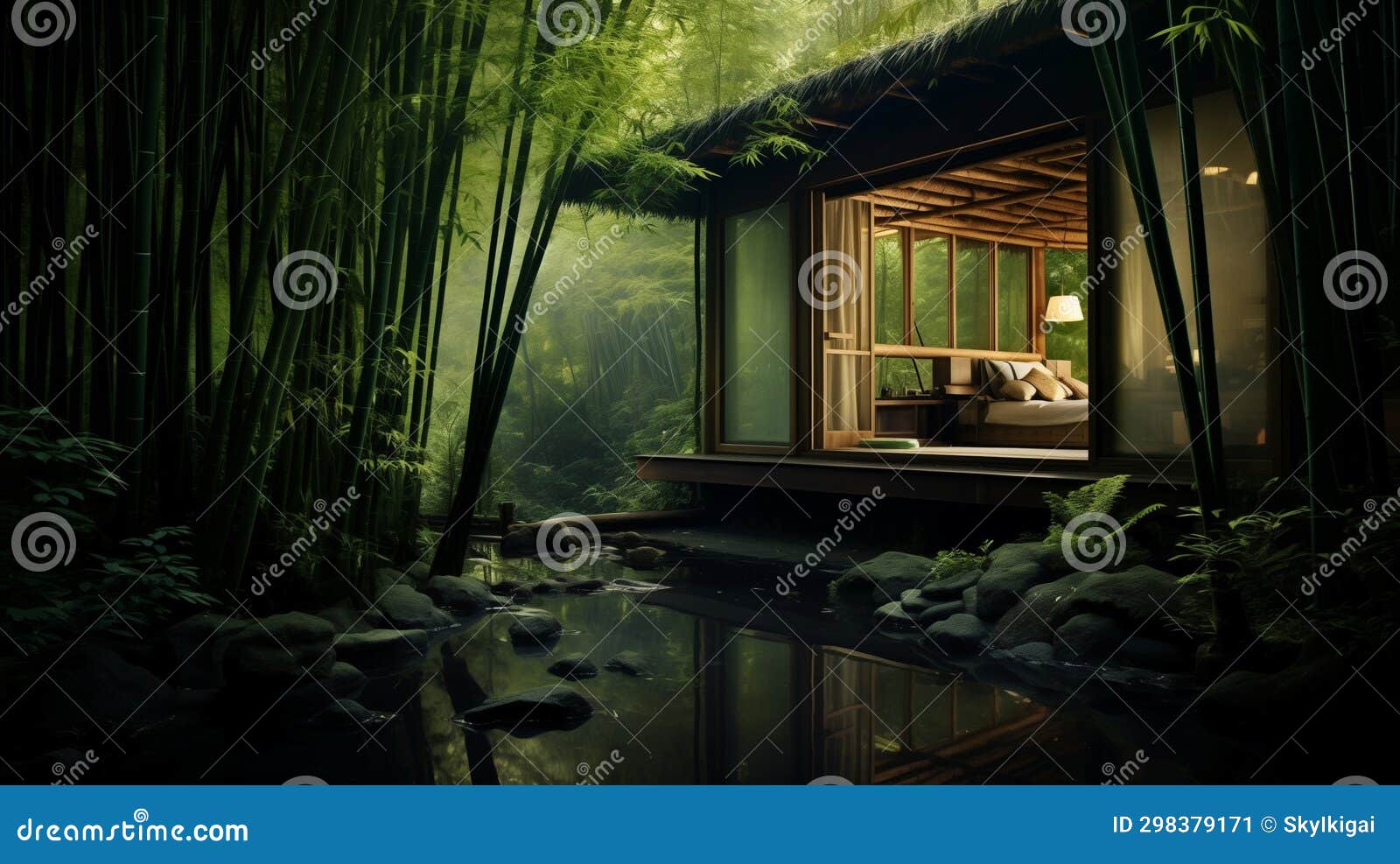 Modern Villa in Deep Bamboo Forest at Night. the Villa Features Sleek ...