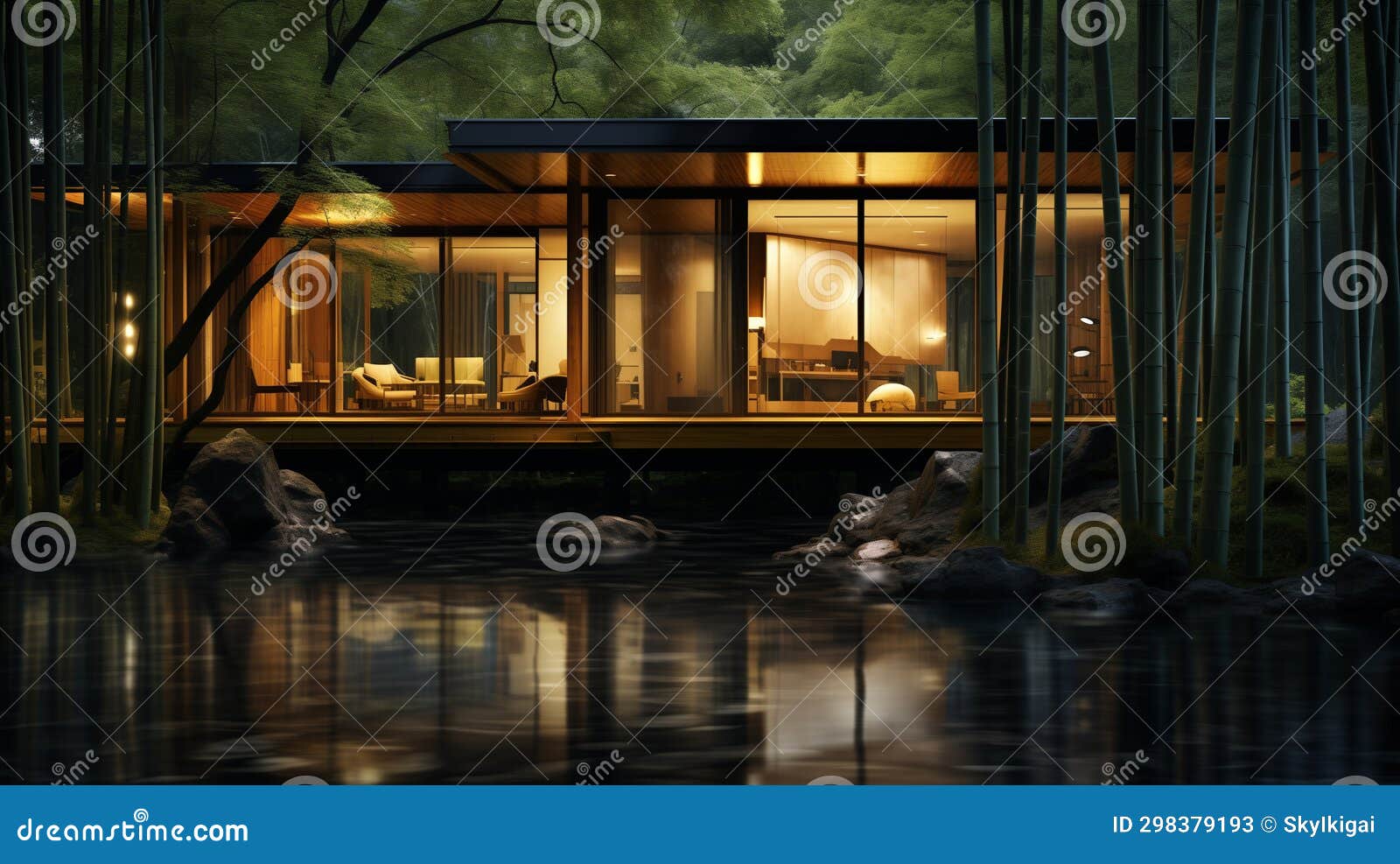 Modern Villa in Deep Bamboo Forest at Night. the Villa Features Sleek ...
