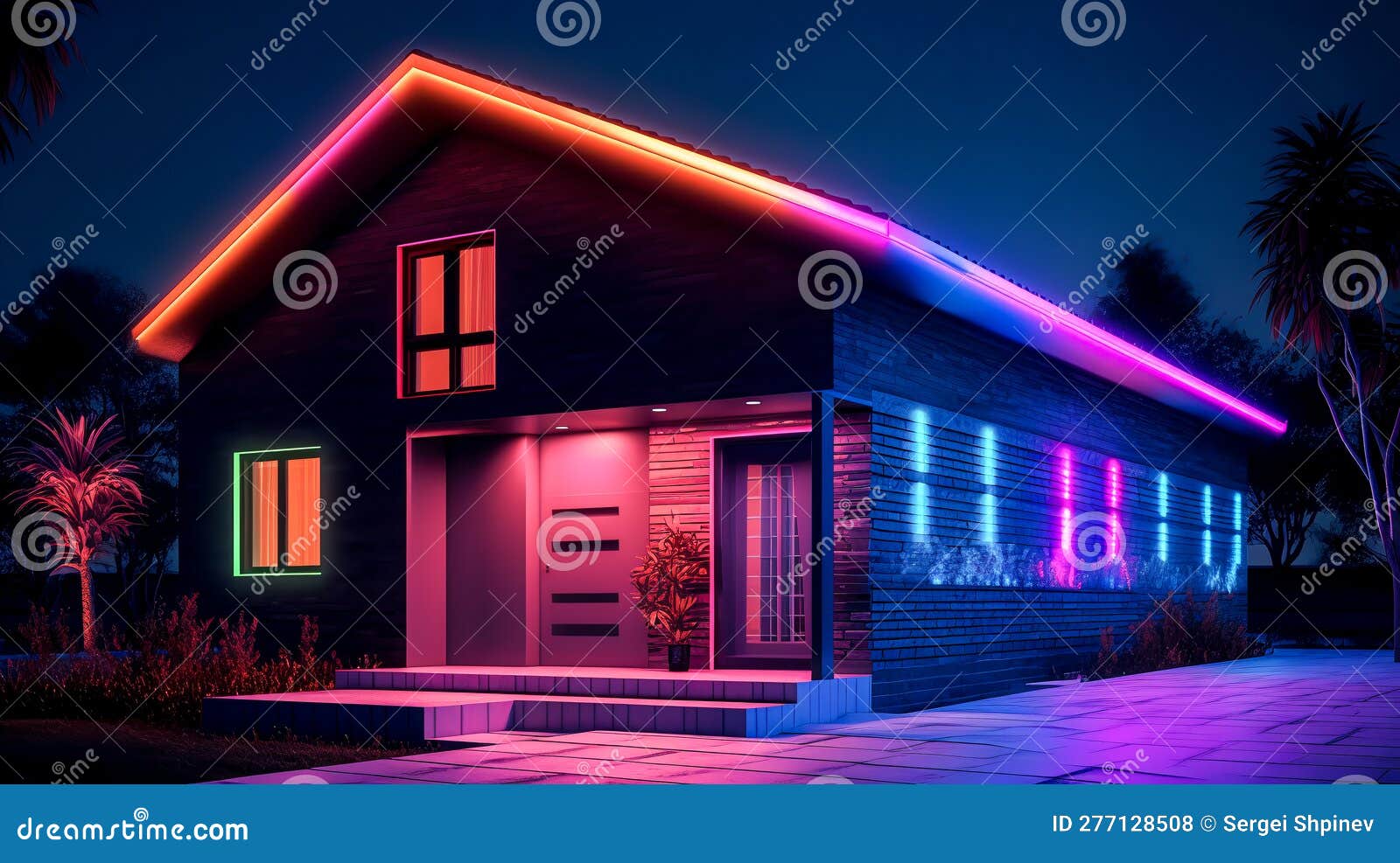 Modern Villa in Night Neon Light. Neon Colored Facade Stock ...