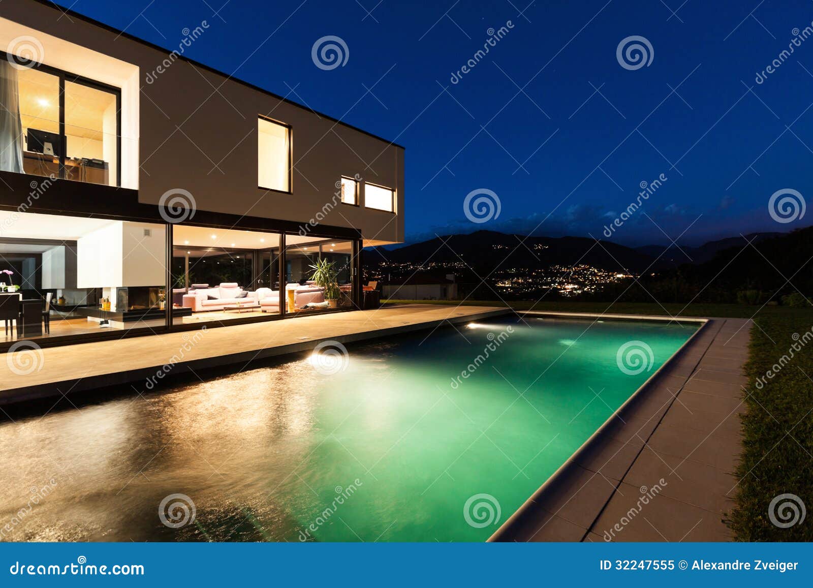 Modern villa, night scene stock image. Image of outside - 32247555