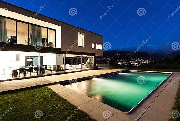 Modern villa, night scene stock image. Image of modern - 32247581