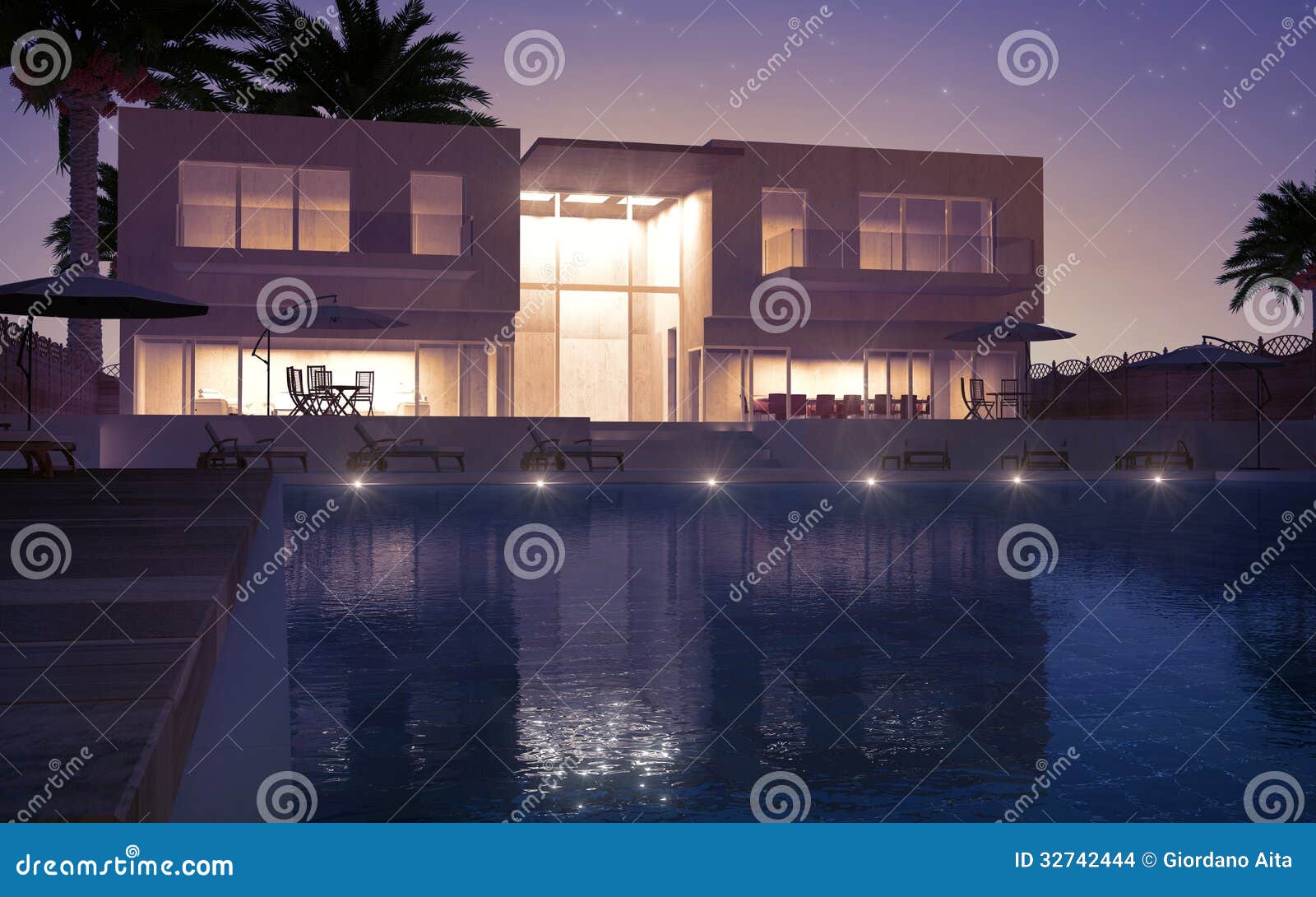 Modern villa night view stock illustration. Illustration of ...