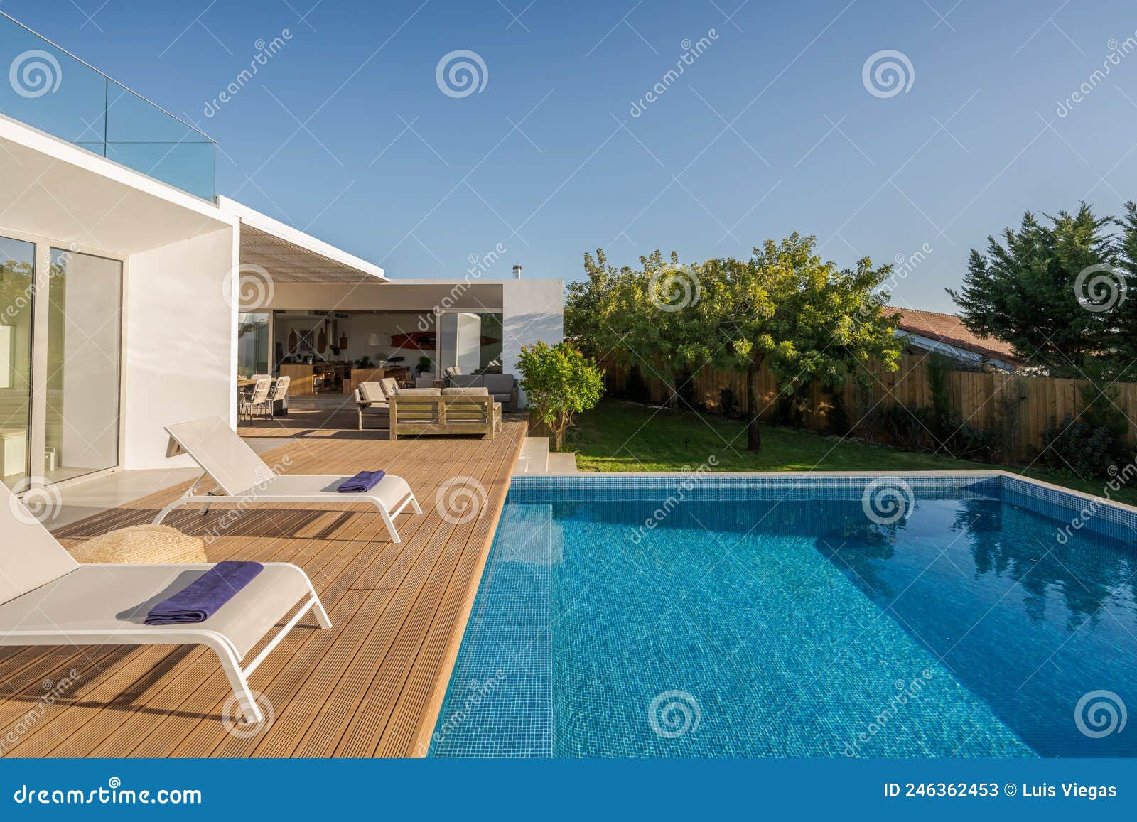 Modern Villa with Pool and Deck with Interior Stock Image - Image of ...
