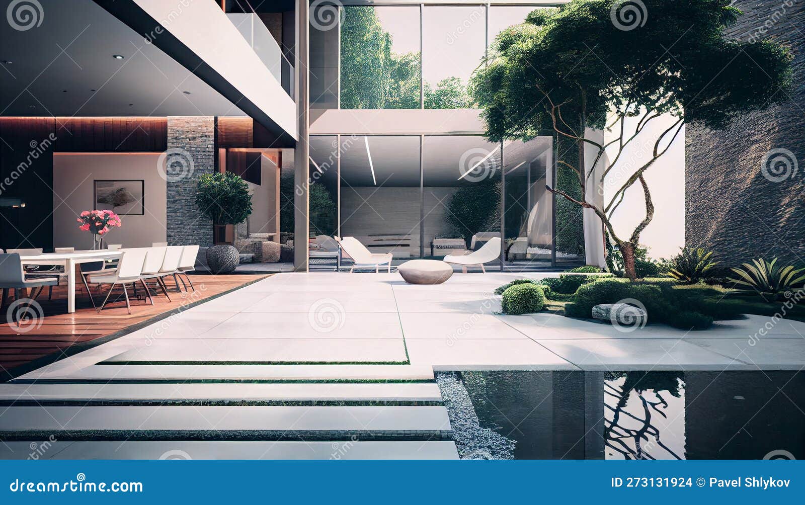 Modern Villa with Pool and Deck with Interior Stock Illustration ...