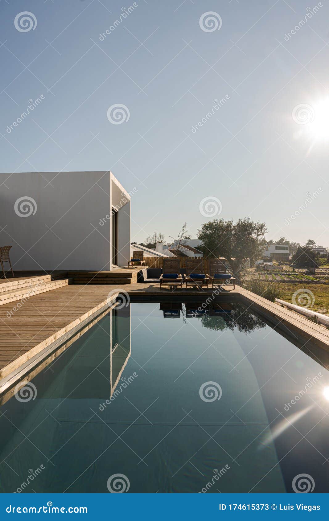 Modern Villa with Pool and Deck Stock Image - Image of deck, wooden ...
