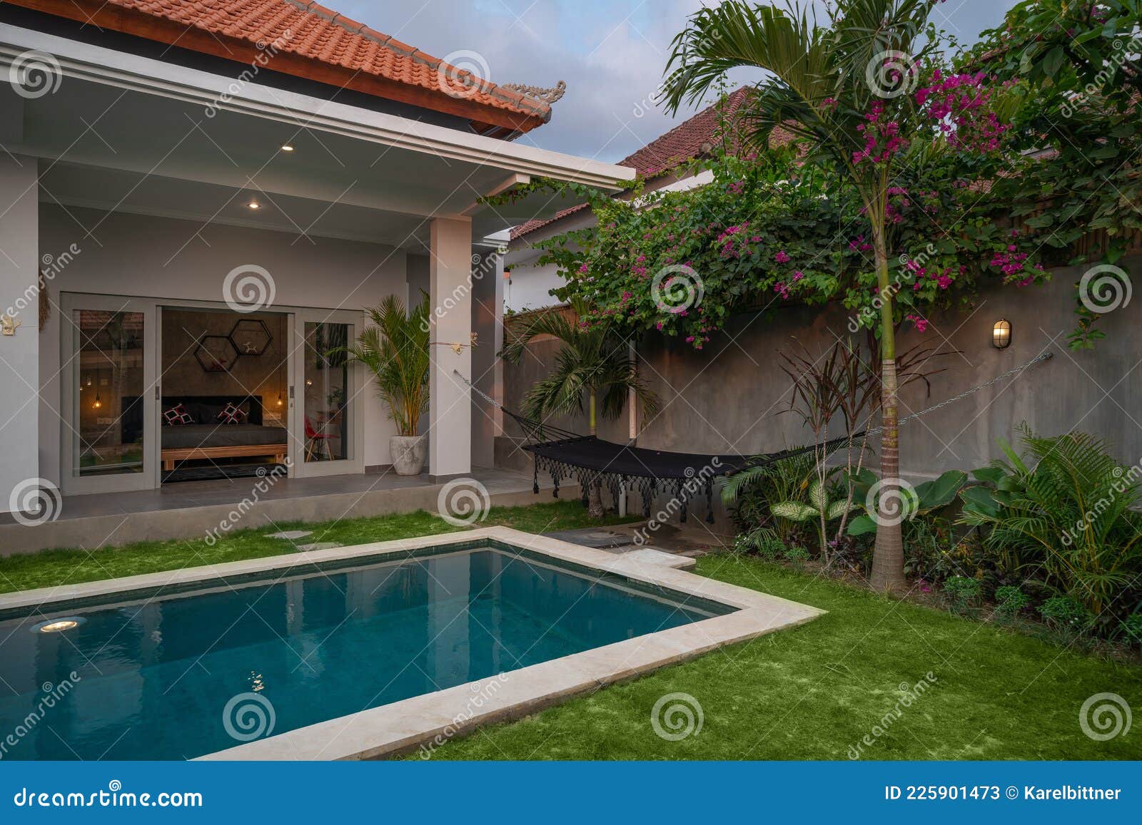 Modern Villa with Pool, View from the Garden Stock Image - Image of ...