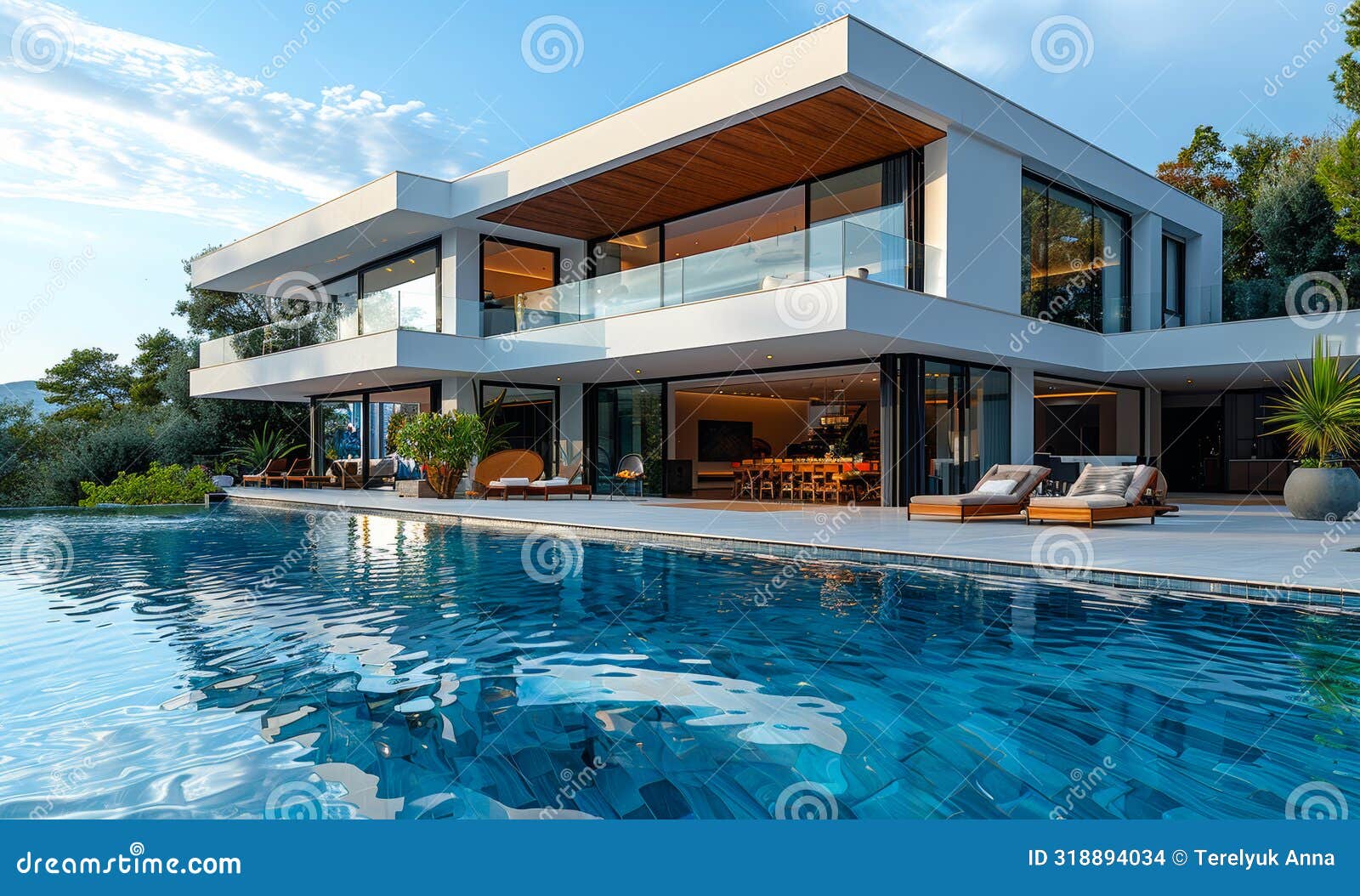 Modern Villa with Pool View from the Garden Stock Photo - Image of ...