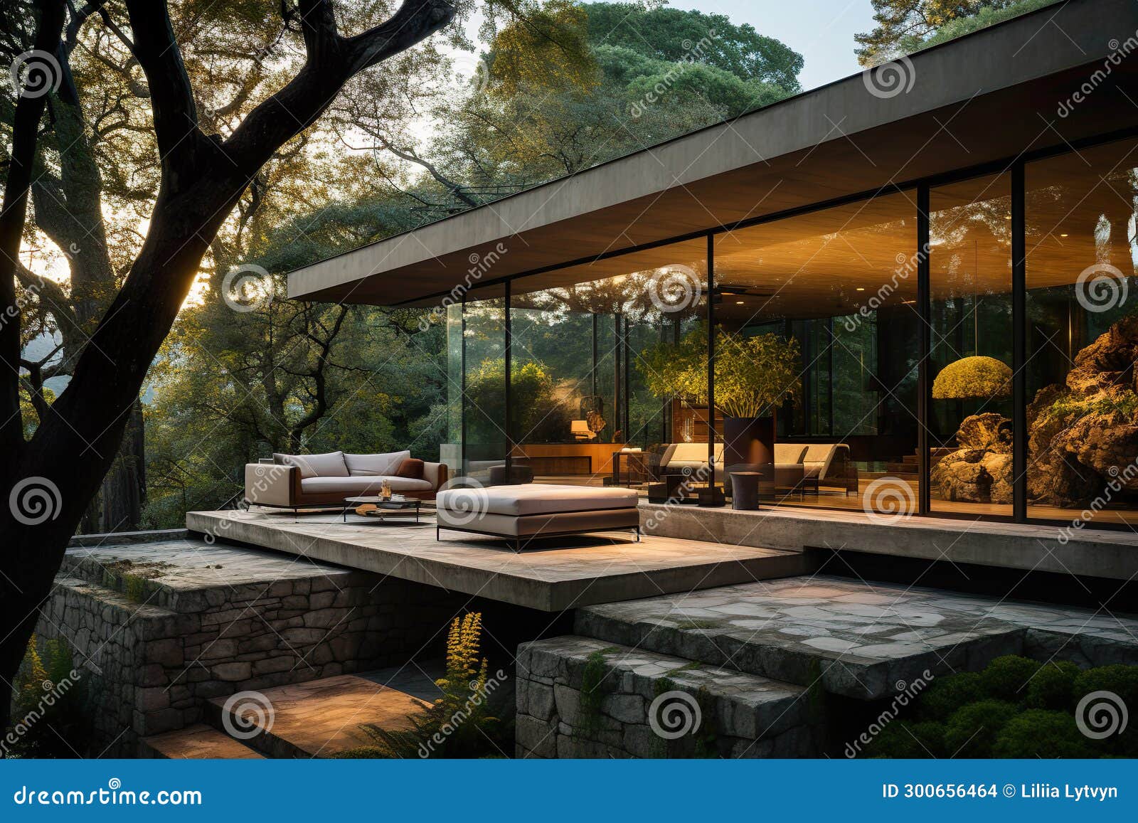 Modern Villa with Terrace and Panoramic Window in the Forest, Morning ...
