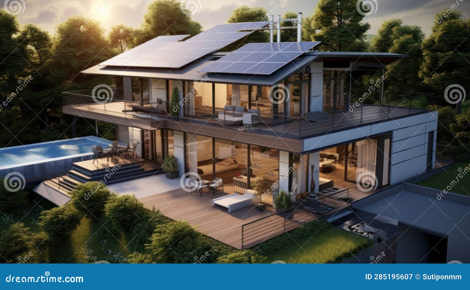 Modern Villa in the Woods with Solar Rooftop Installation Stock ...