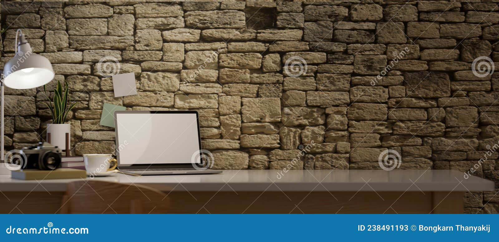 Modern Vintage Loft Workspace with Laptop and Copy Space Over Stone ...