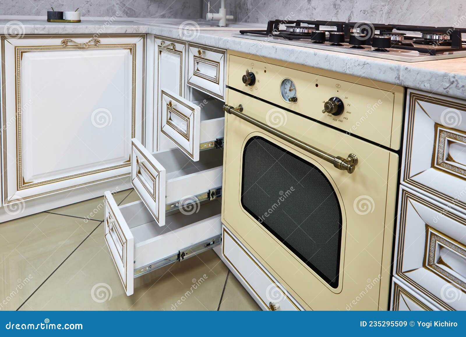 Modern Vintage Rustic Kitchen with Open Drawers, Oven and Gas Hob Stock ...