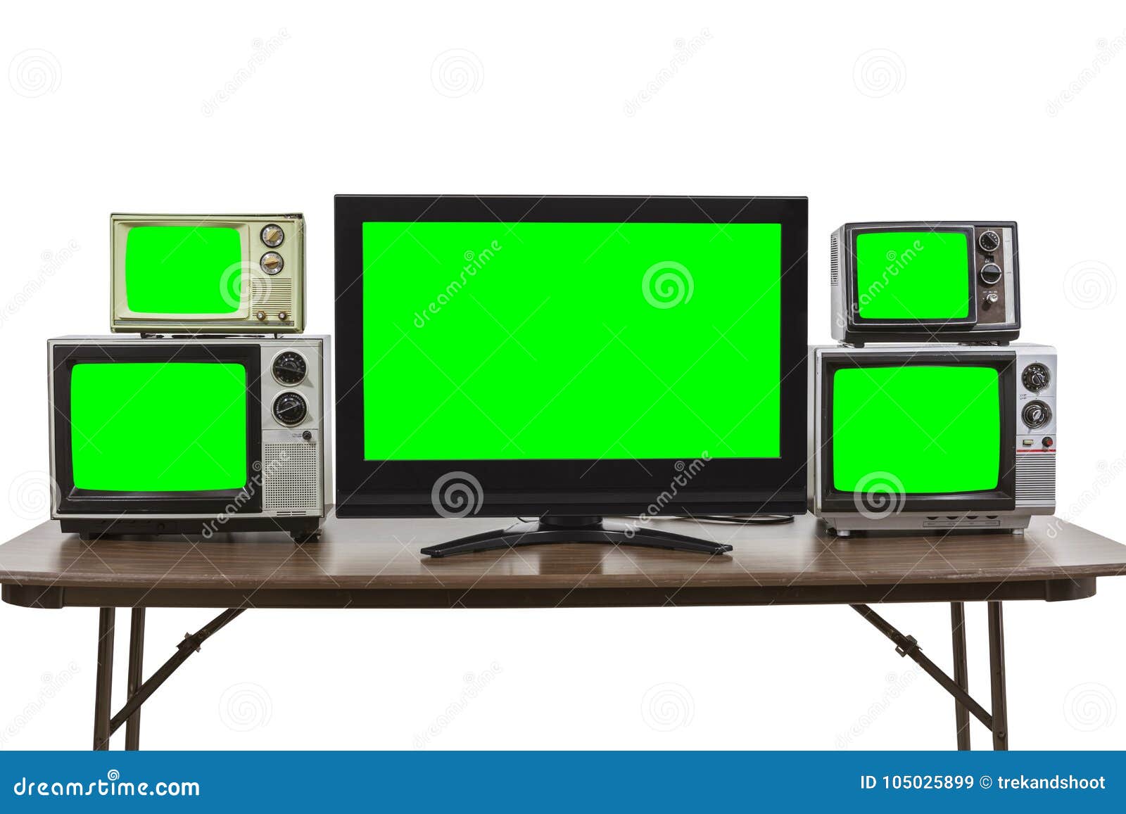 Five Televisions on Table Isolated on White with Chroma Green Sc Stock ...