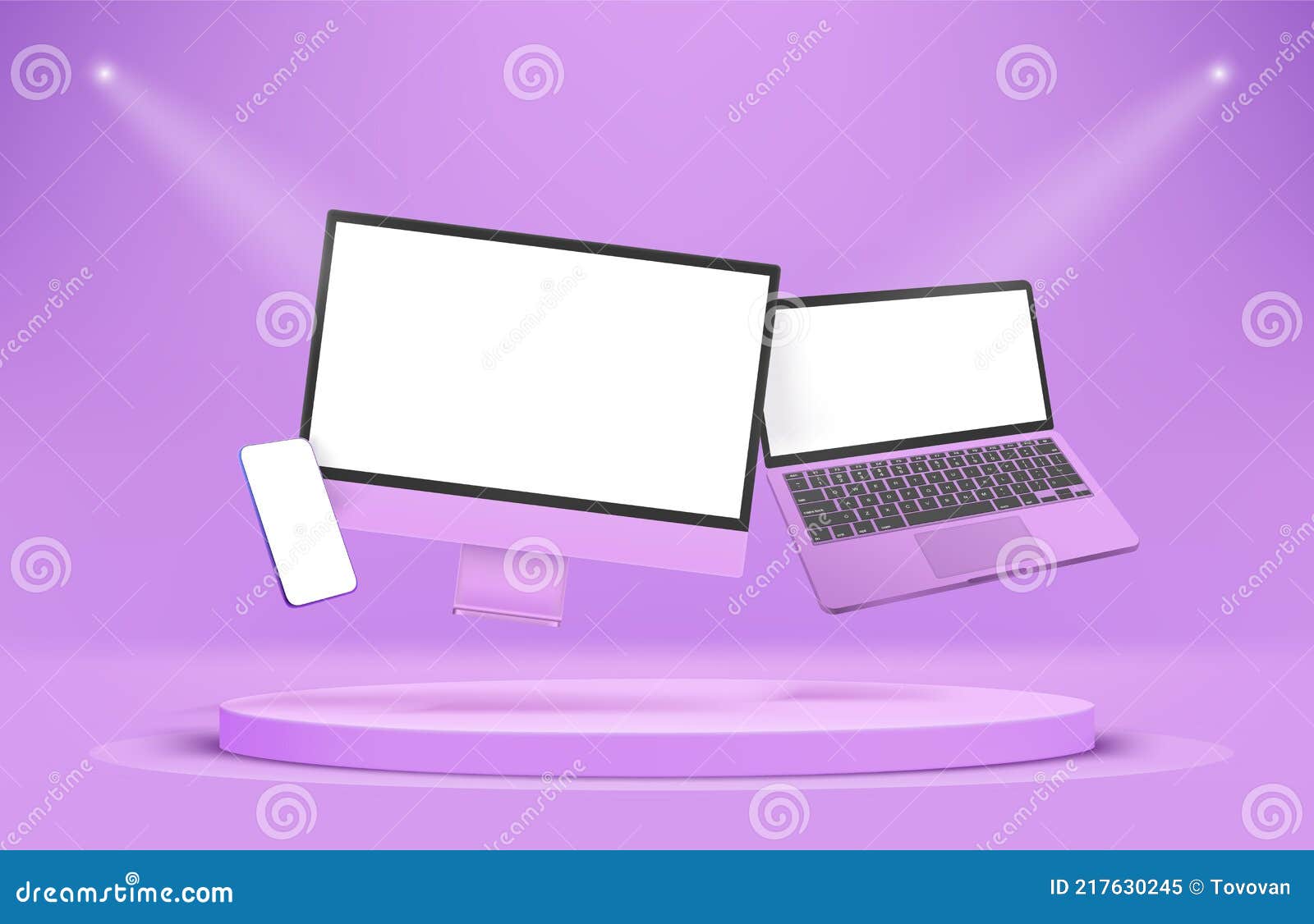 Modern Violet Smartphone, Laptop and Desktop Computer with Blank ...