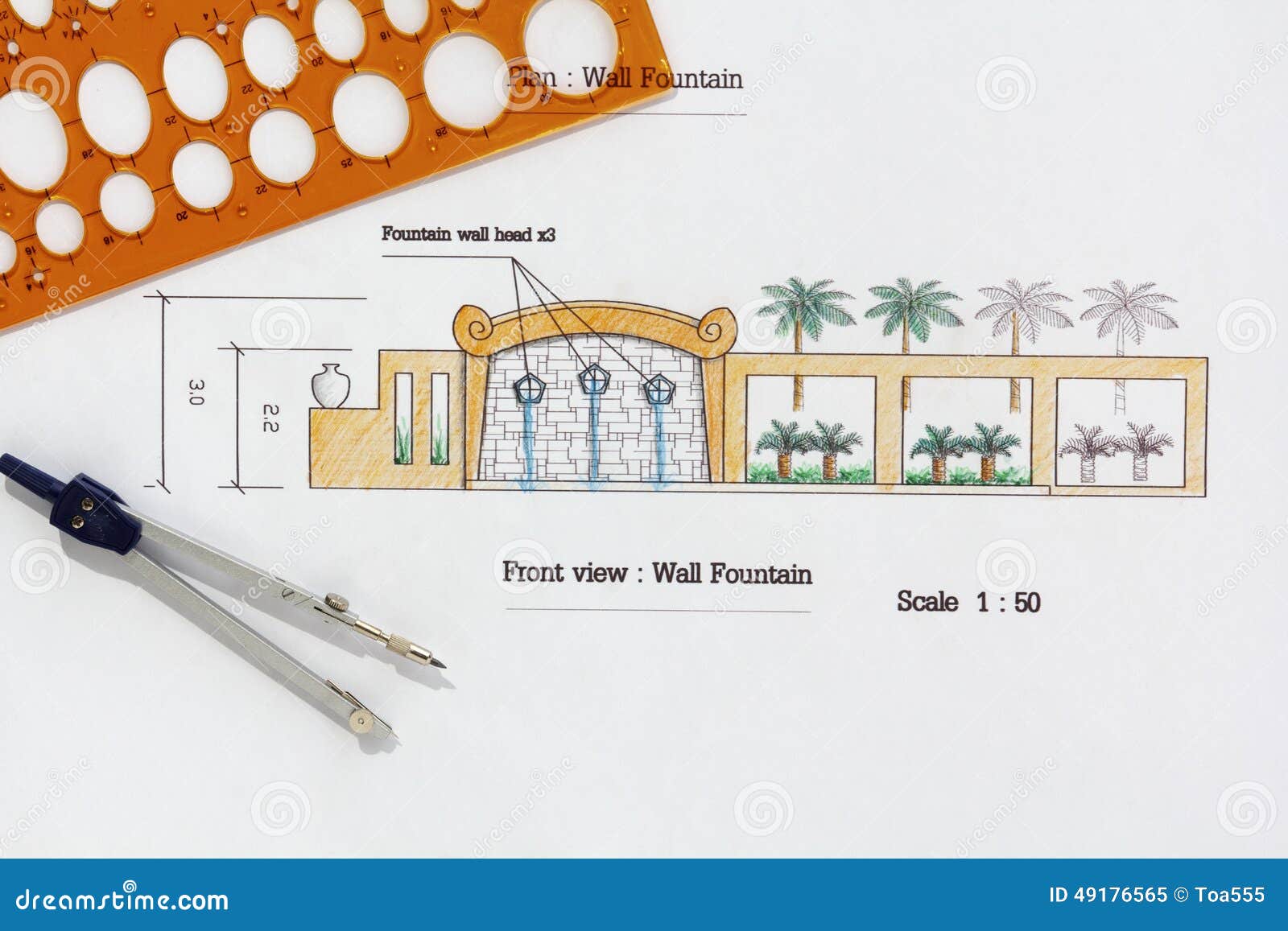 Modern wall fountain plan. stock image. Image of heat - 49176565