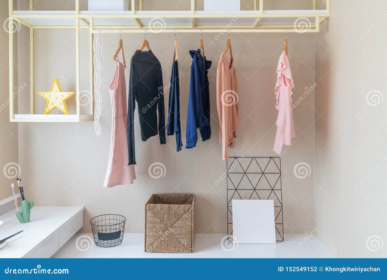 Modern Wardorbe with Set of Clothes Stock Photo - Image of shoes, rack ...