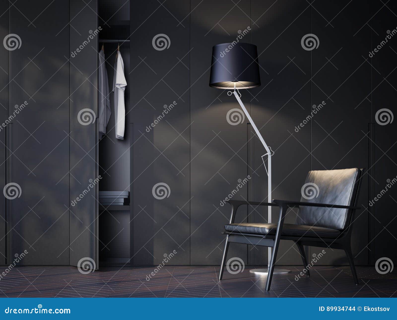 Modern Wardrobe Room with Black Leather Chair. 3d Rendering Stock ...