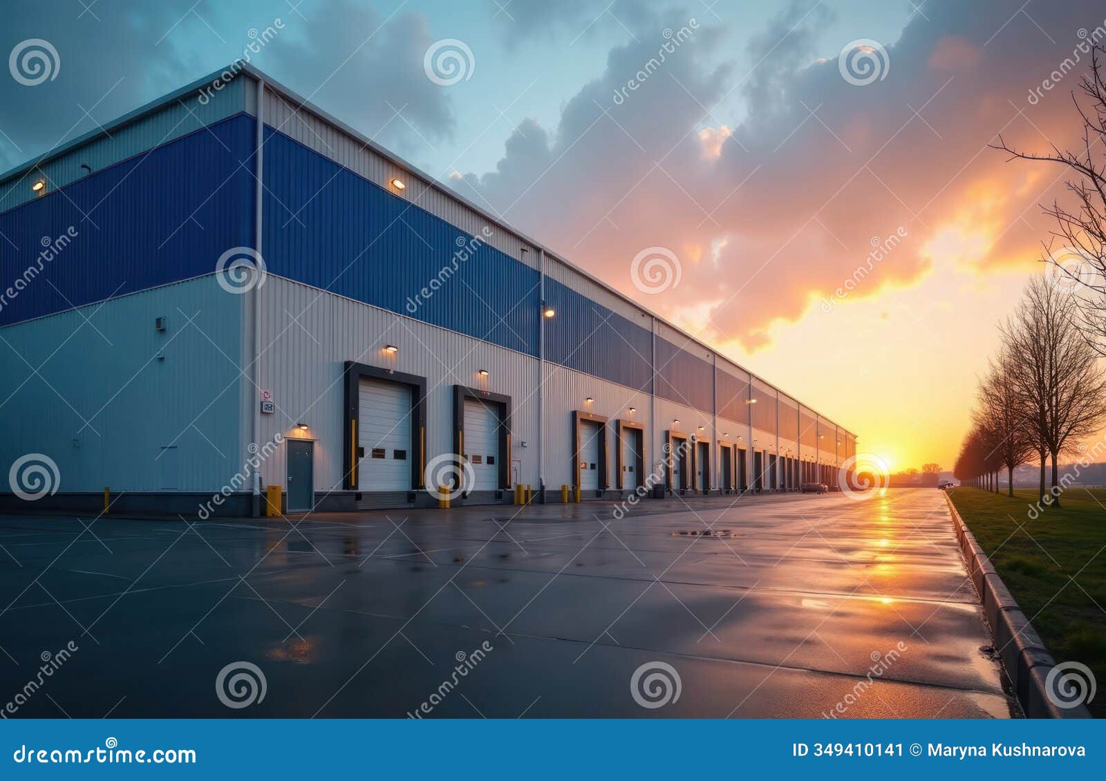 Modern Warehouse Complex with Multiple Loading Docks at Sunset ...