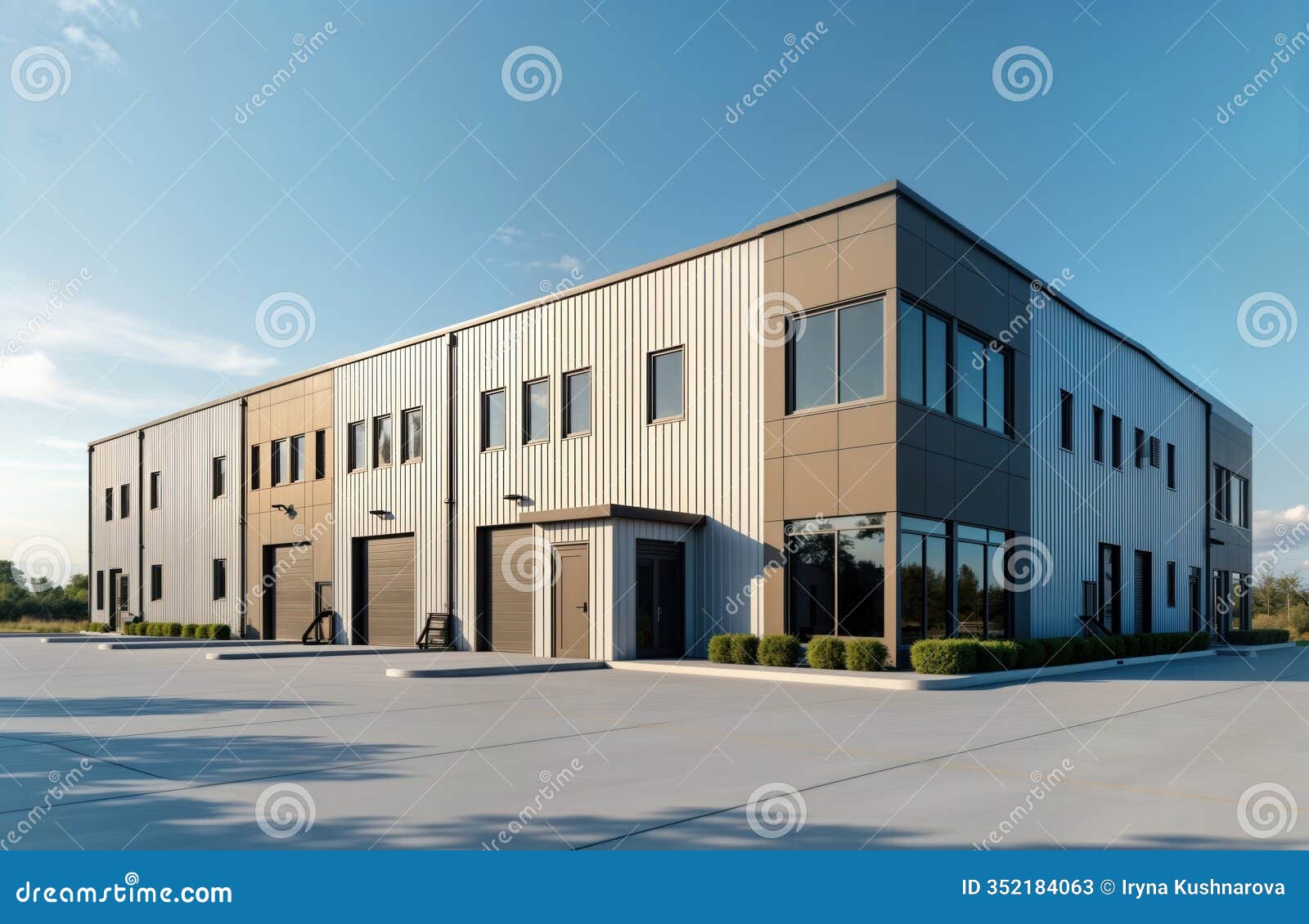 Modern Warehouse Complex with Small Office Unit. Exterior Shows ...
